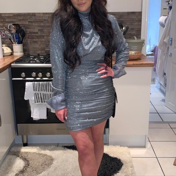 House of CB | Dresses | House Of Cb Irena Silver Sparkle Draped Mini ...